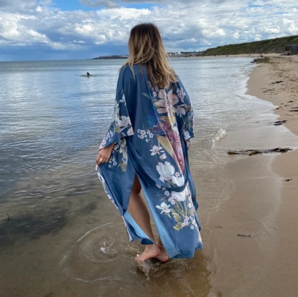 Dresses | New Vintage Floral Print Peacock Kimono Maxi Duster Jacket ...